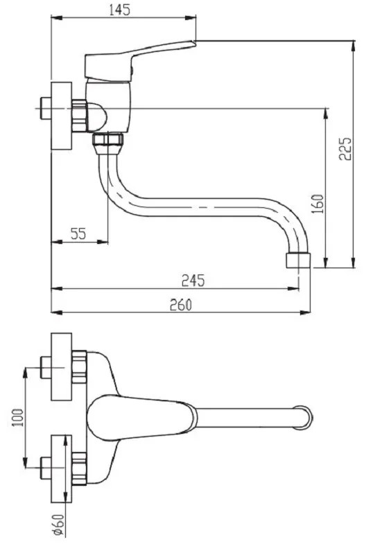 Dřezová, nástěnná, páková baterie Metalia Plano S ramínko 21 cm rozteč 100 mm