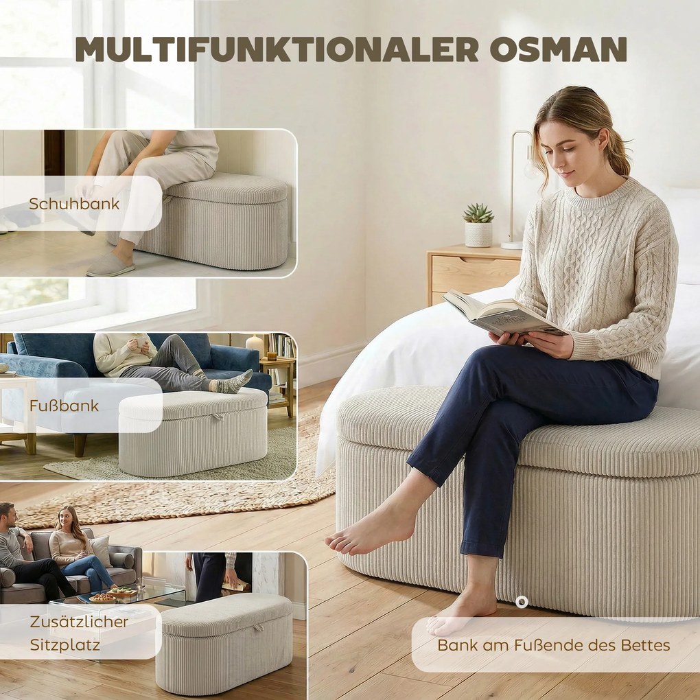 HOMCOM čalouněná lavice s úložným prostorem, manšestr – 105 × 51 × 49 cm, nosnost 200 kg, béžová
