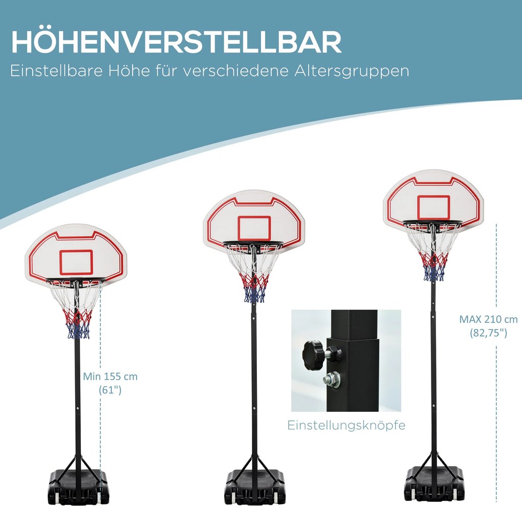 HOMCOM Basketbalový systém pro děti s nastavitelnou výškou 194-249 cm na kolečkách, plnitelný vodou, z PE a oceli v černé barvě pro zahradu a hřiště …