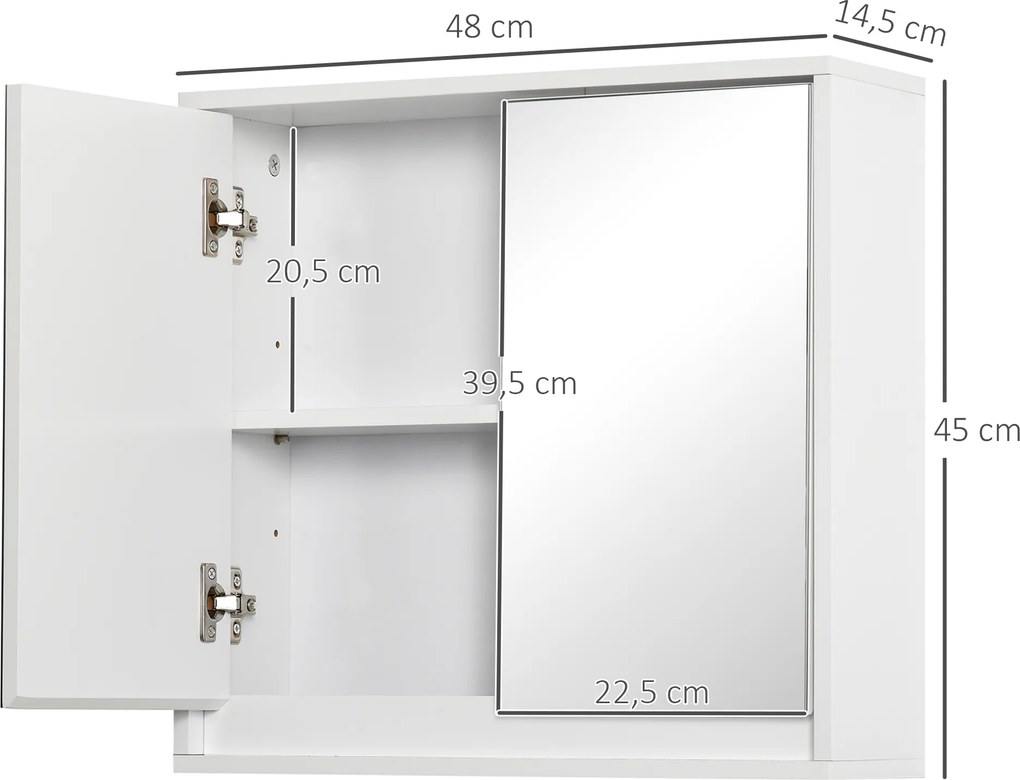 Koupelnová skříňka HOMCOM se zrcadlem, 2 dveřmi a nastavitelnou policí, závěsná koupelnová skříňka pro toaletu, moderní styl 48x14,5x45 cm Bílá