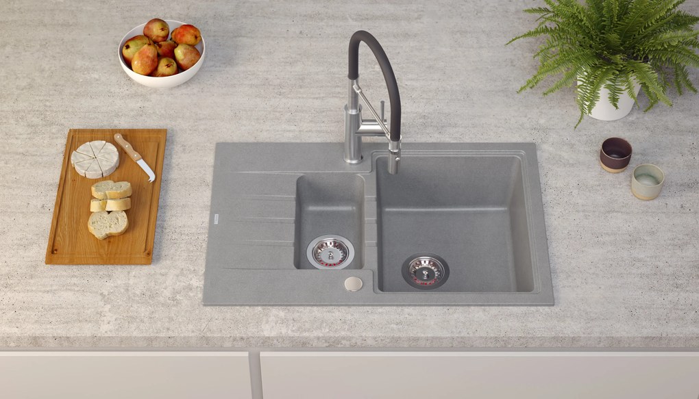Šedý 1,5 komorový kuchyňský granitový dřez QUADRON PETER 156 bez baterie