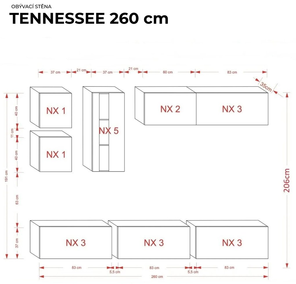 Ral Obývací stěna TENNESSEE 3, 260 cm - Černý lesk