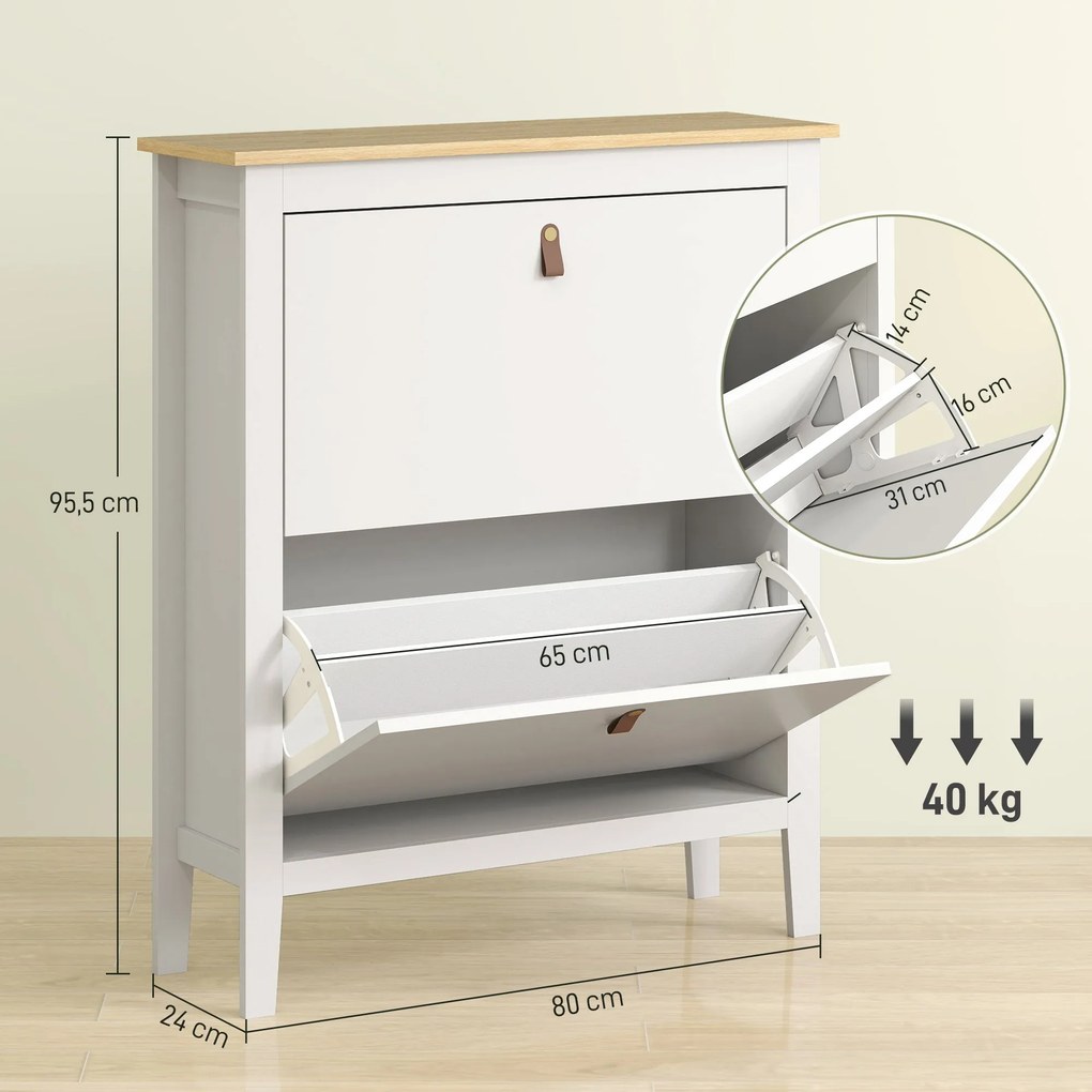 HOMCOM Úzký botník do předsíně s 2 skládacími zásuvkami, nastavitelnými policemi a PU úchopy pro 14 párů bot 80x24x95,5 cm Bílý