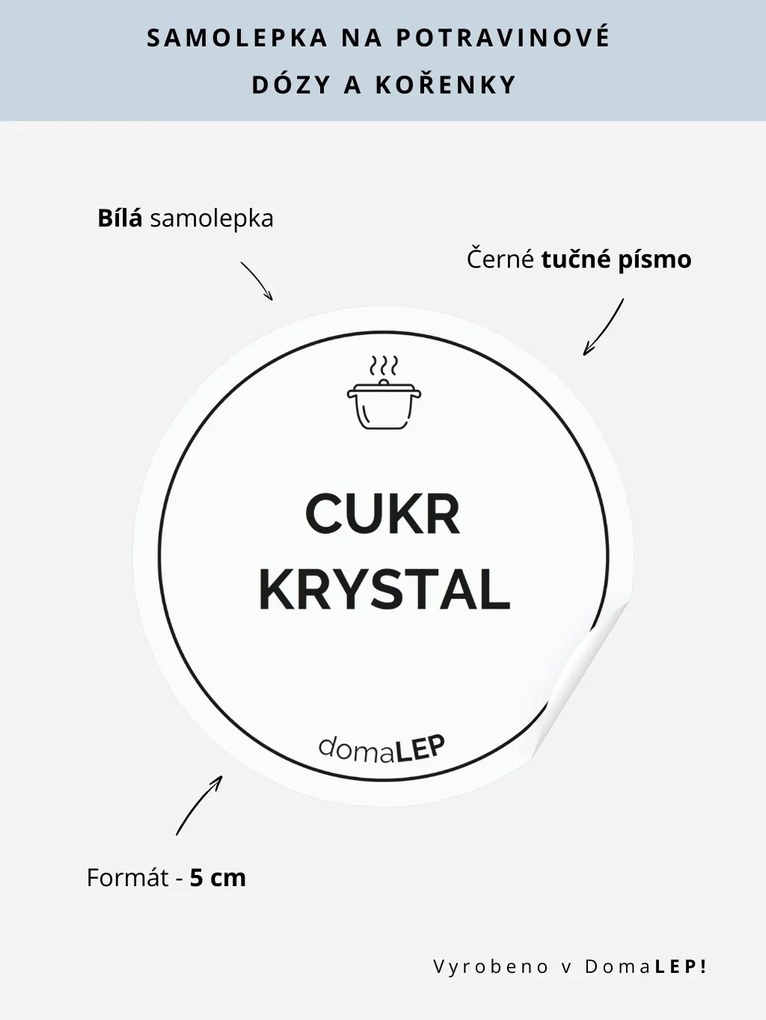 Samolepka na dózu CUKR KRYSTAL – bílá, 5 cm, tučné písmo