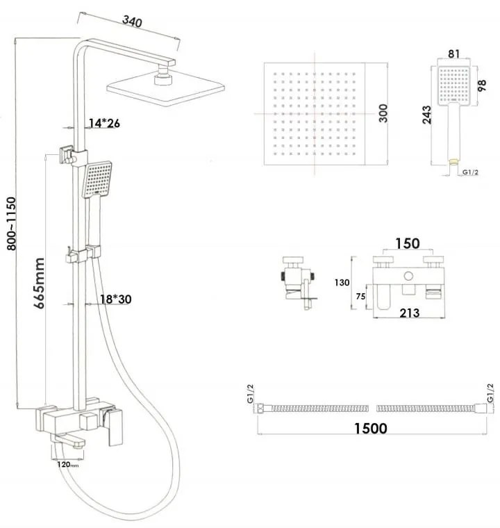 Sprchová souprava KABE s výtokem do vany - černá matná - hlavice 30x30 cm