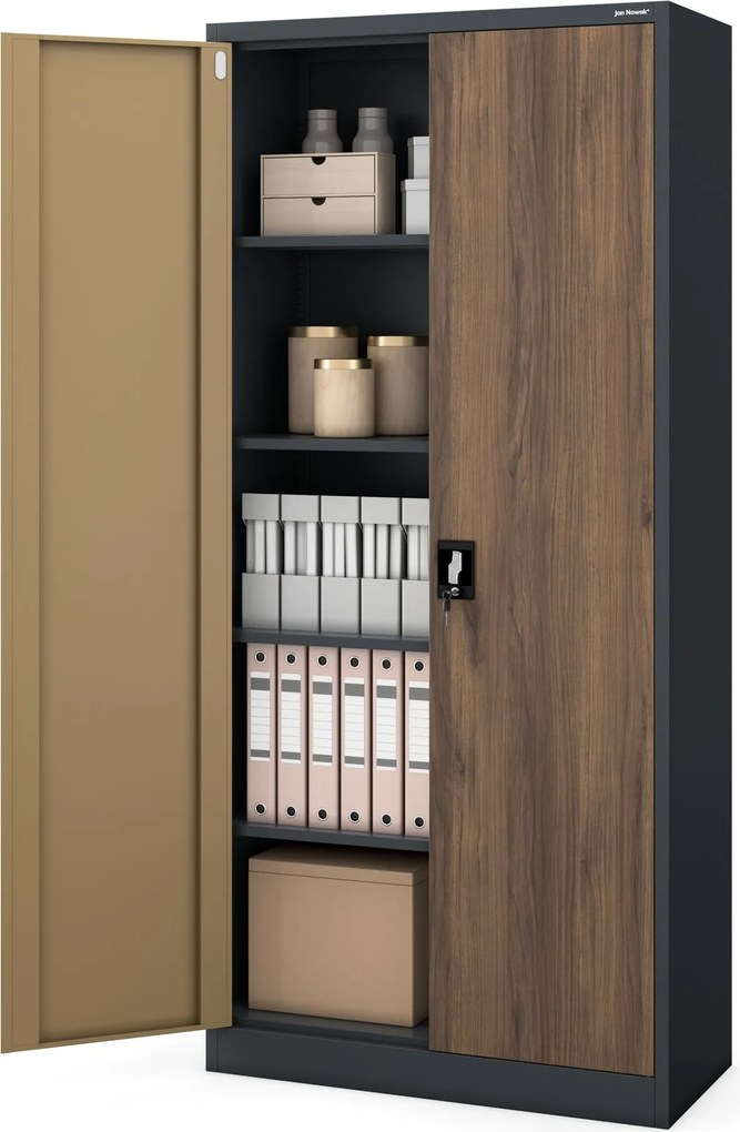 Vysoká kovová kancelářská skříň na dokumenty, antracit/ořech, 900x1950x400 mm: JAN H Eco Design
