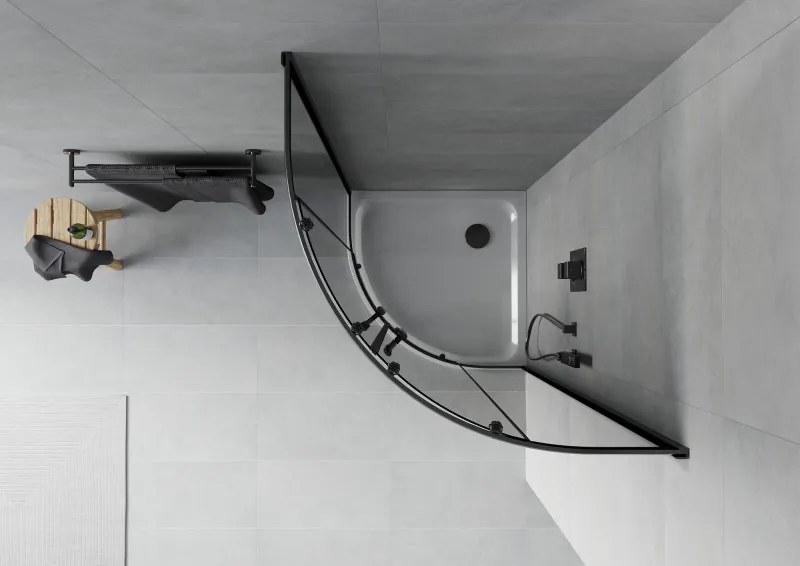 Mexen Rio, čtvrtkruhový sprchový kout s posuvnými dveřmi 90 (dveře) x 90 (dveře) x 190 cm, 5mm šedé sklo, černý profil + bílá sprchová vanička Slim, 863-090-090-70-40-4110B