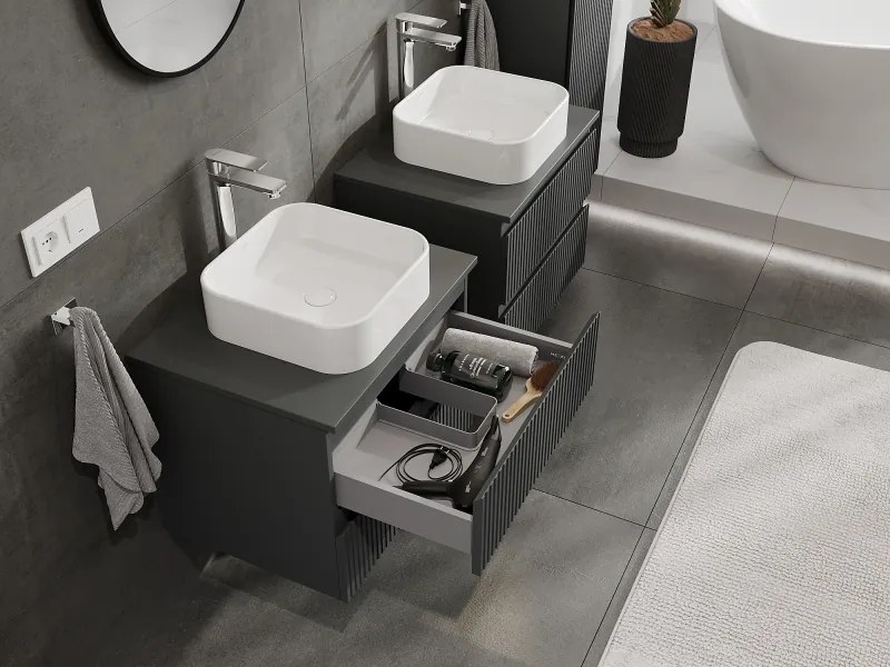 Mexen Rivel, koupelnová skříňka 60 cm, 2 zásuvky, drážkovaná, grafitová matná, 91A20-06047-2-BFF66