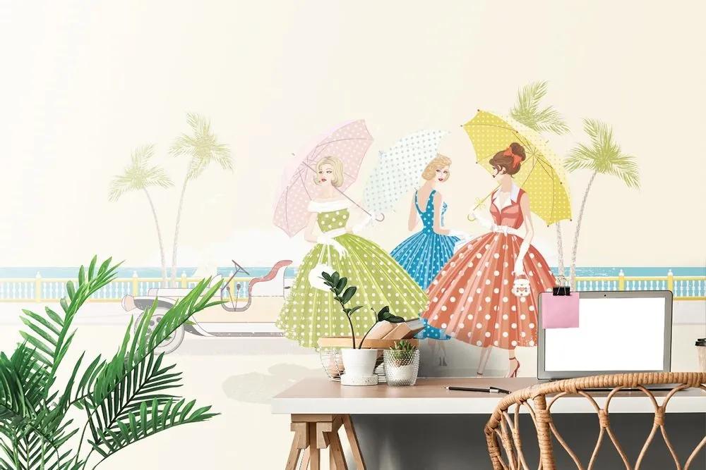 Samolepící tapeta retro dámy s deštníky - 150x100 cm