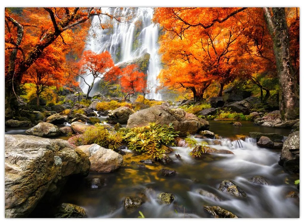 Skleněný obraz - Vodopády v oranžovém lese (70x50 cm)