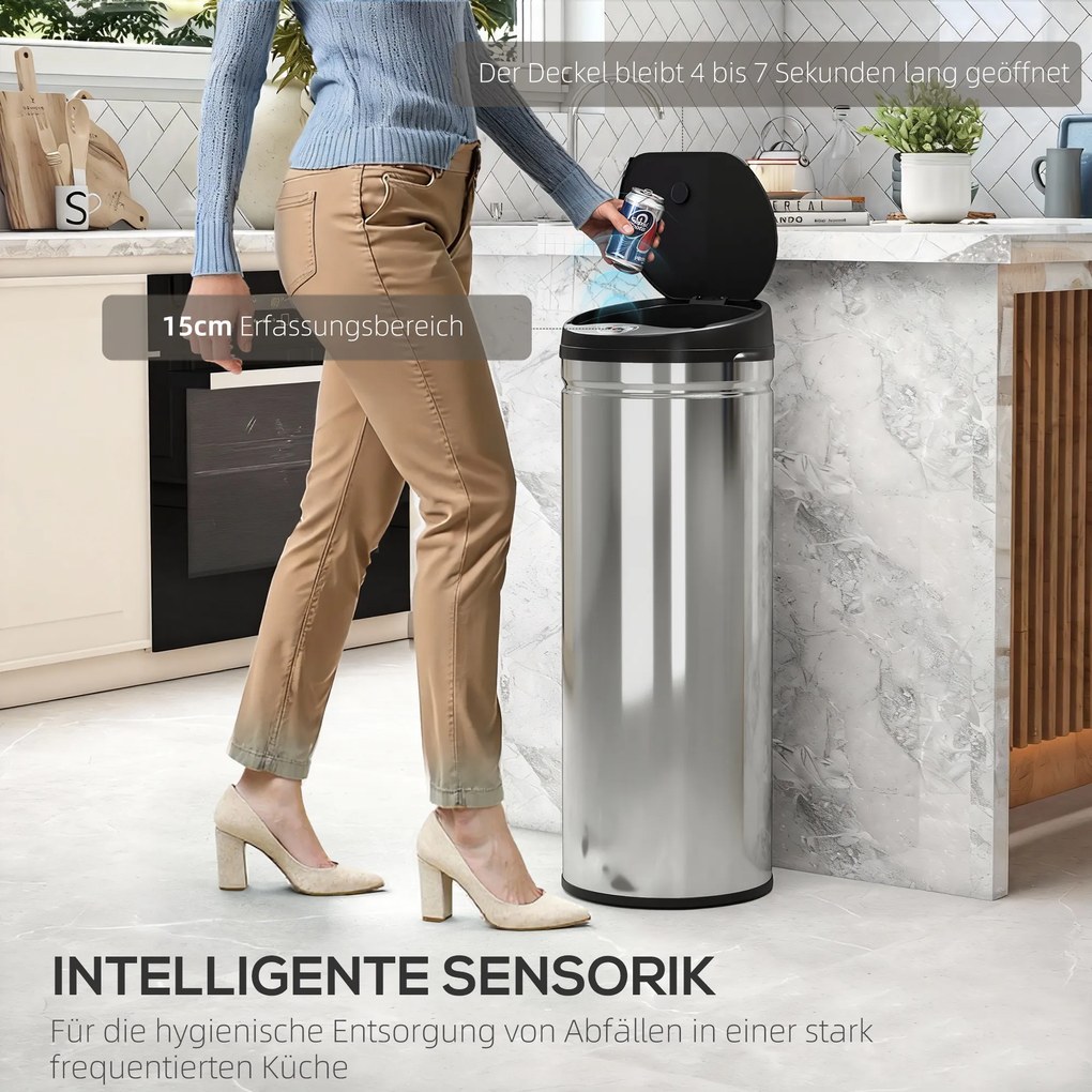 HOMCOM 50litrový senzorový odpadkový koš s funkcí Soft-Close, bezdotykový odpadkový koš z nerezové oceli pro hygienické kuchyně, kanceláře, stříbrná …