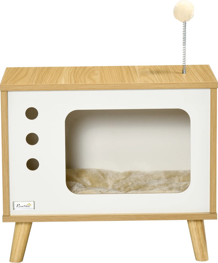 Domeček pro kočky PawHut v TV designu, míček a polštářek v ceně, koš pro kočky, dub/béžová/bílá, 50x28x43cm