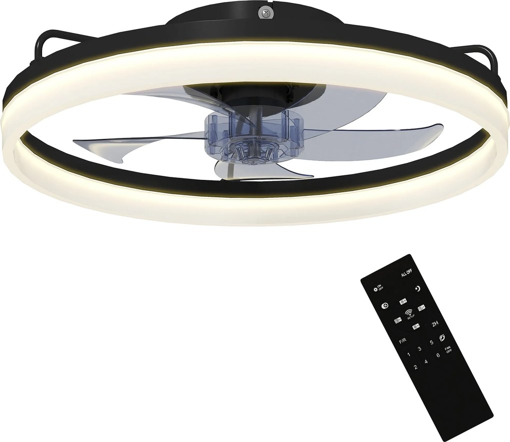 HOMCOM stropní ventilátor s LED 40 W, reverzní DC motor, tichý, dálkové ovládání, 6 rychlostí, 3 barvy světla, časovač, do obývacího pokoje, Ø50 cm, č