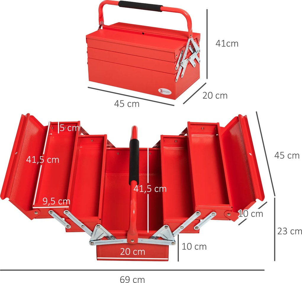 DURHAND kufr na nářadí s 5 přihrádkami na pantech z robustní oceli SPCC červený 45x22,5x34,5cm pro organizaci a přepravu
