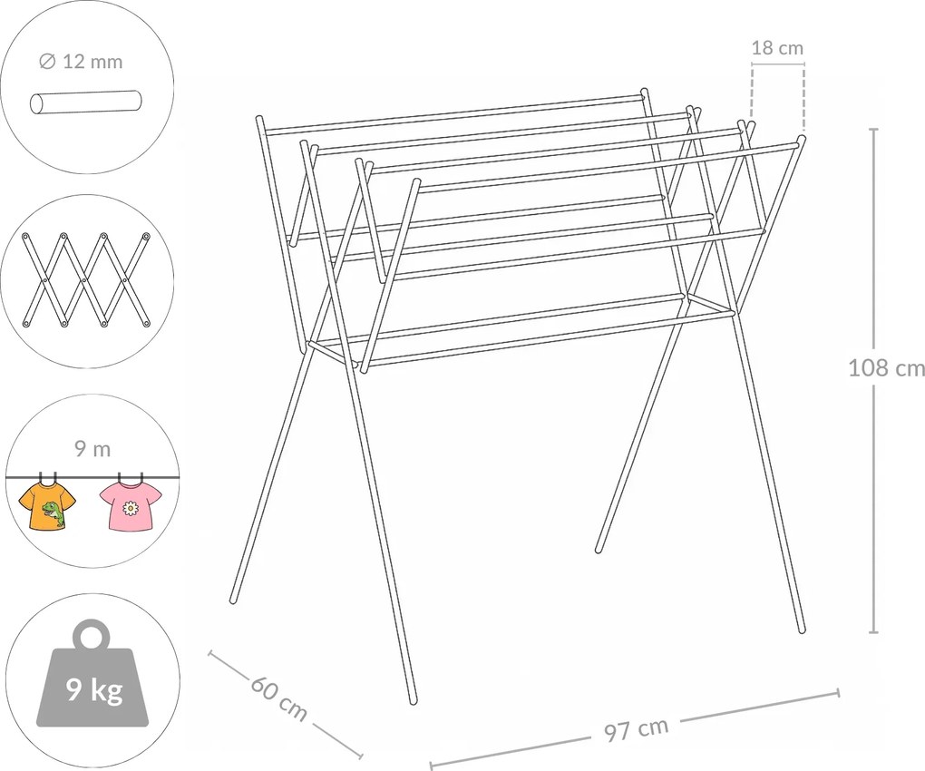 Skládací sušák na prádlo HARMEN, tříúrovňový, 9 m
