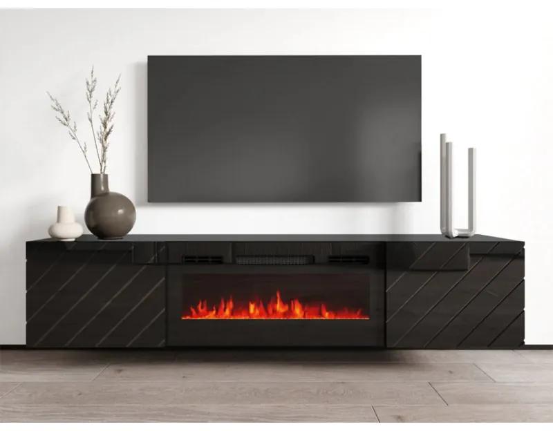 TV skříňka/stolek s krbem Pinito, Barva: černý / černý lesk + bílý lesk