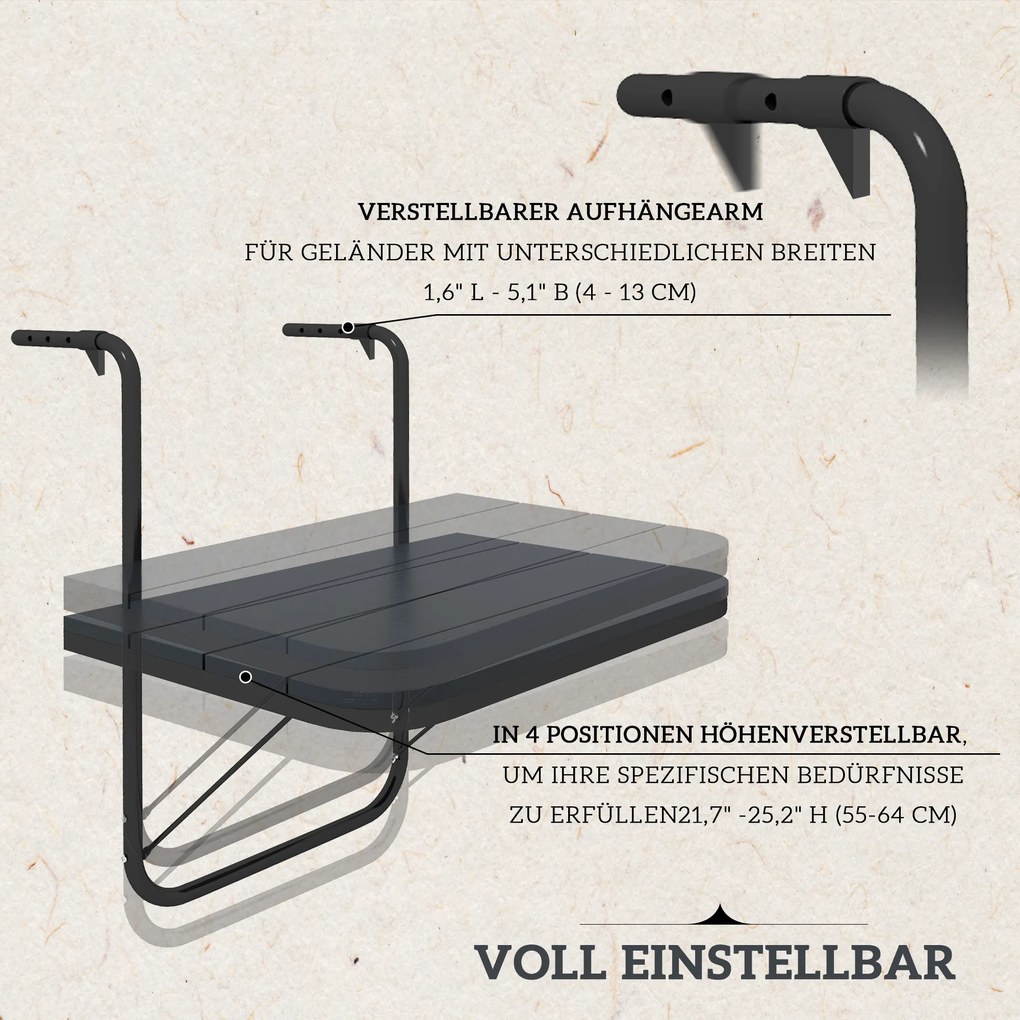 Balkonový stolek Outsunny k zavěšení, nosnost až 25 kg, skládací balkonový stolek, výškově nastavitelný ve 4 směrech, hliník, 60 x 40 cm, černý | Aos…