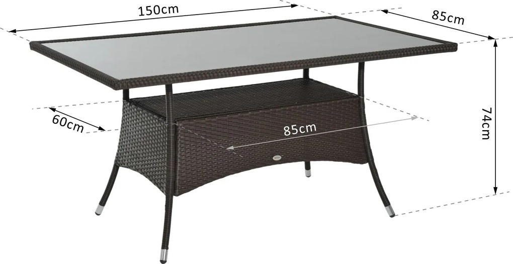 Outsunny jídelní stůl zahradní stůl polyratanový skleněný stůl 150x85x74cm, bezpečnostní sklo hnědočerné, ideální pro zahradu a terasu |