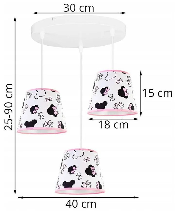 Dětské závěsné svítidlo Minnie, 3x textilní stínítko se vzorem, o, s