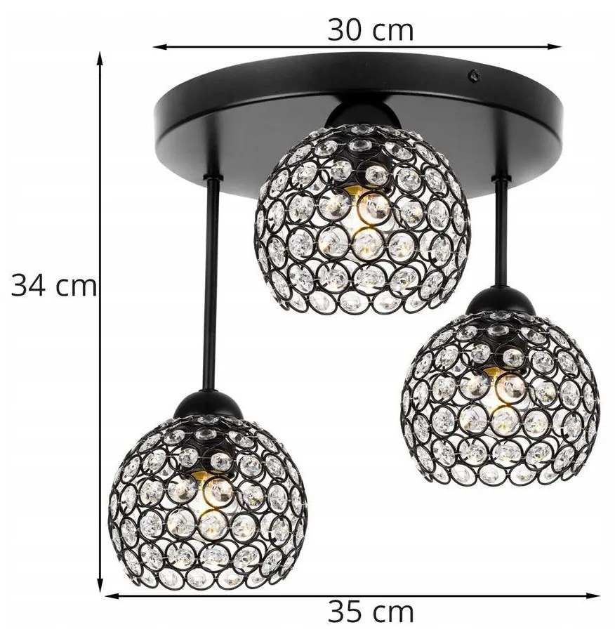 Stropní svítidlo Crystal, 3x černé křišťálové stínítko,