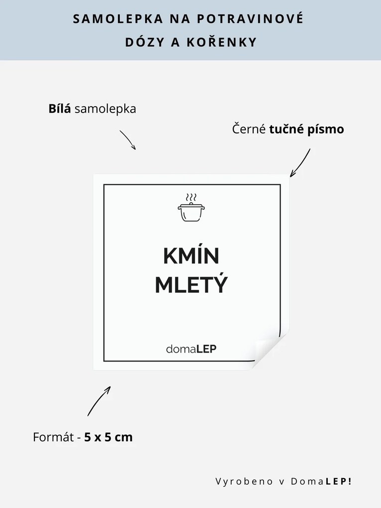 Samolepka na kořenky KMÍN MLETÝ bílá 5 × 5 cm tučné písmo