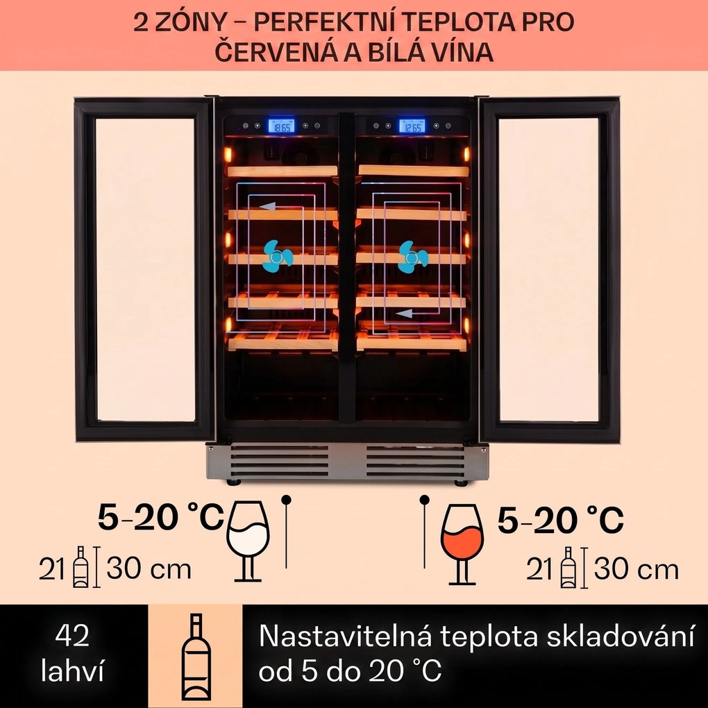 Klarstein Vinovilla Duo 42, vinotéka, 126 l/42 lahví, 2 zóny, 3 barvy LED osvětlení, skleněné dveře