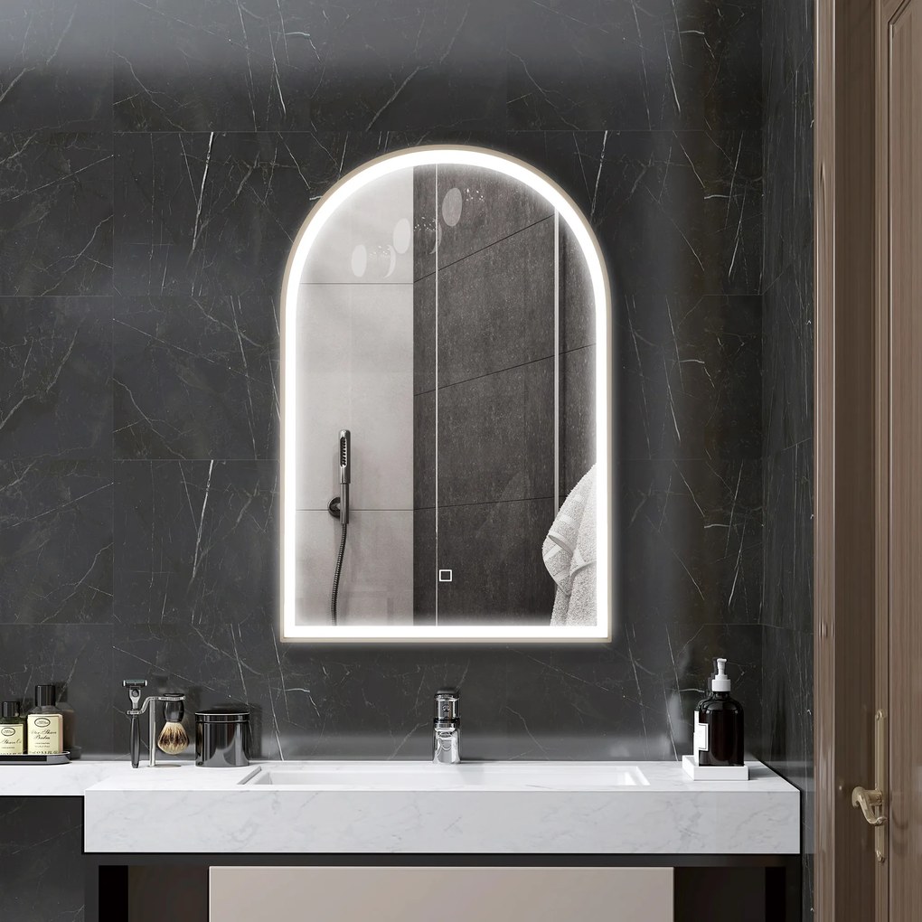 HOMCOM LED koupelnové zrcadlo 90 x 60 cm, nástěnné, 3 barvy, zakřivené, hliníkový rám, odvlhčování a dotykový spínač