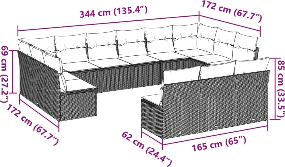 13dílná zahradní sedací souprava podušky světle šedá polyratan 3250231