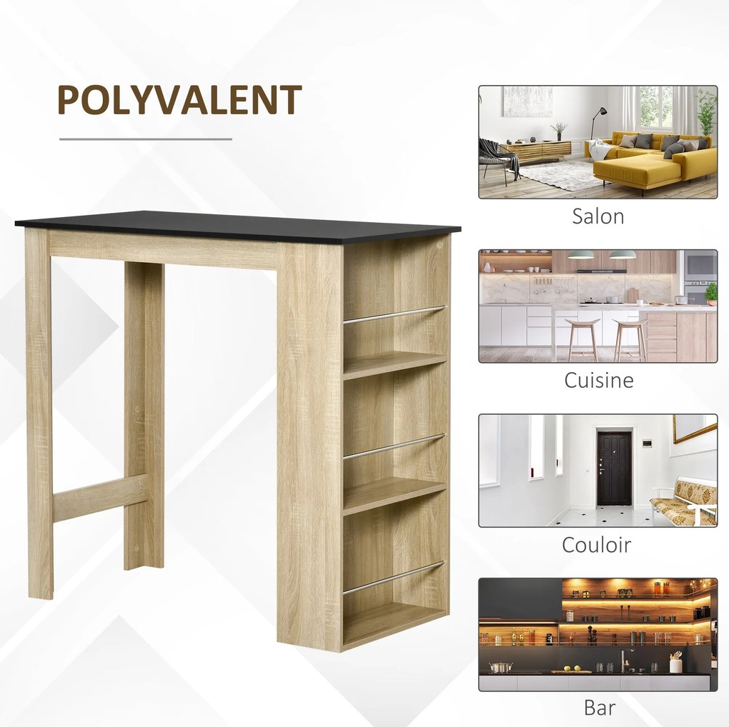 HOMCOM Vysoký Barový Stůl - dim. 112D x 57Š x 106V cm - 3 police - světlý dub-černý povrch