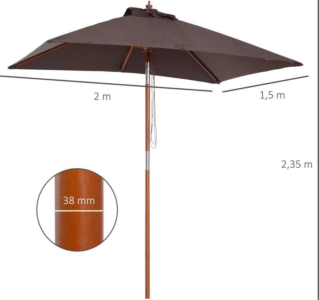 Outsunny skládací zahradní slunečník 200 x 150 cm třístupňově nastavitelný z jedlového dřeva a polyesteru v kávové barvě | Aosom.de