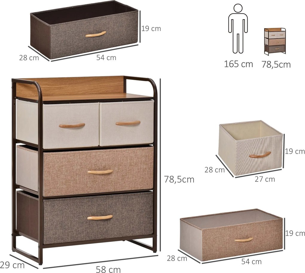HOMCOM Textilní Komoda se 4 Skládacími Zásuvkami, Dřevěný Vrchní Plocha a Kovový Rám pro Obývací Pokoj 58x29x78,5 cm Vícebarevná