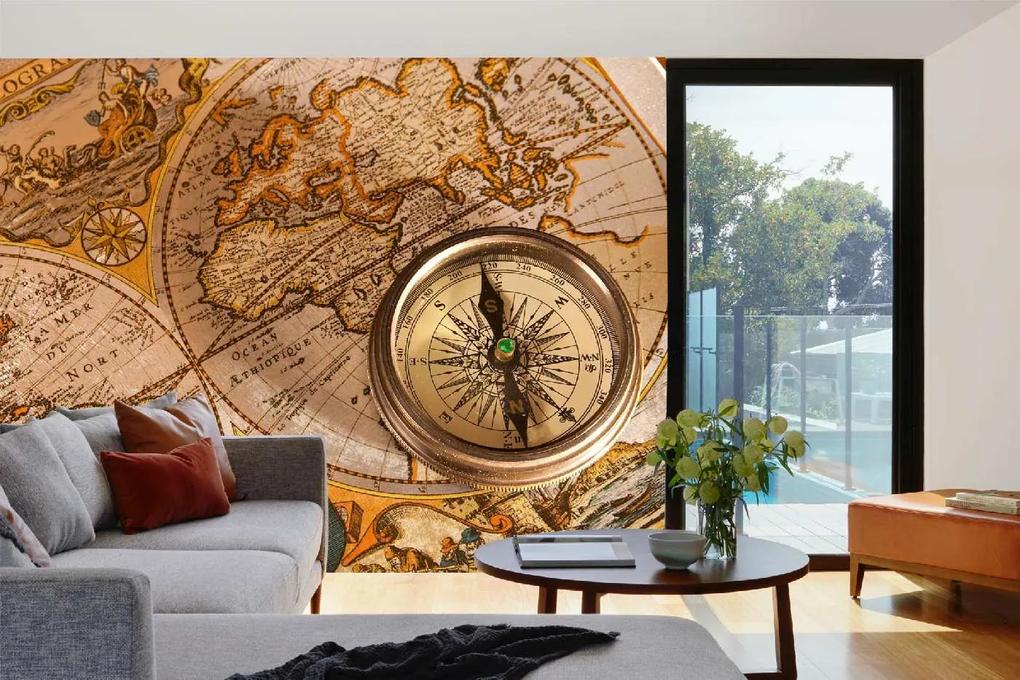 DIMEX | Samolepicí vliesová fototapeta na zeď Vintage kompas na mapě III. MA-5-1559 | 375 x 250 cm | béžová, žlutá, oranžová, hnědá