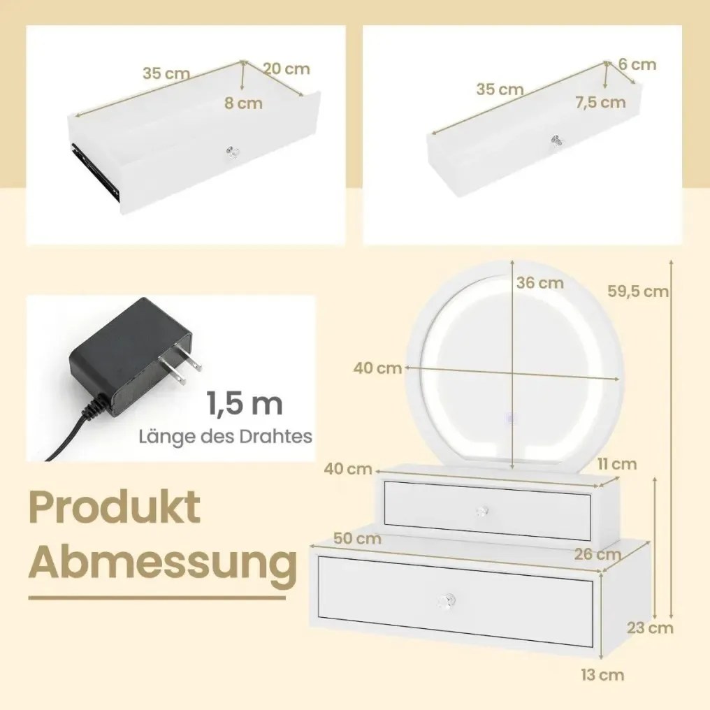 Kosmetické zrcadlo se 3 LED světelnými režimy a 2 zásuvkami, bílé JV11976DE-WH