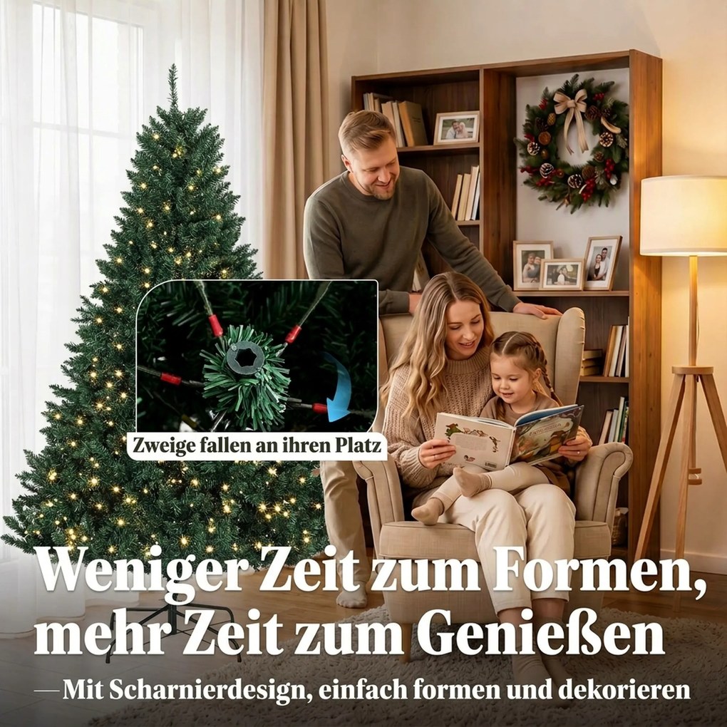 HOMCOM Vánoční strom, 550 teplých bílých LED diod, 1494 větviček, nehořlavý, plast/kov, 180 x 112 cm, zelený
