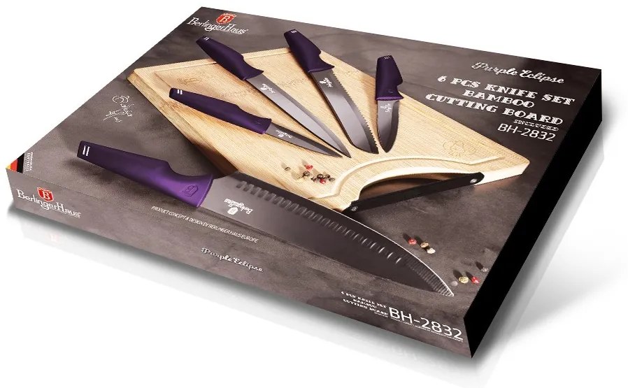BERLINGERHAUS Sada nožů s nepřilnavým povrchem + prkénko 6 ks Purple Eclipse Collection BH-2832