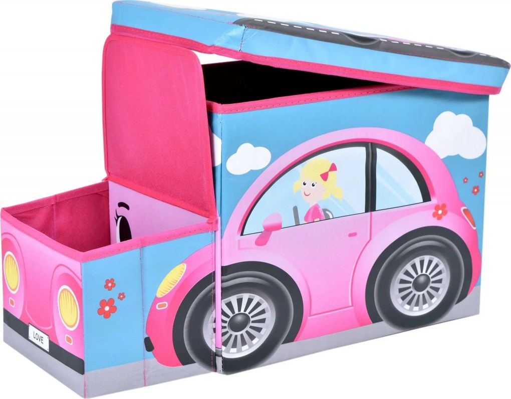 Skládací taburet / koš na hračky Růžové auto