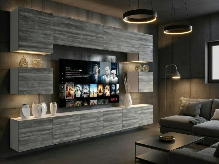 Obývací stěna Belini Premium Full Version  šedý antracit Glamour Wood+ LED osvětlení Nexum 49  NEX 3/0/W/GW1/0/0/PP