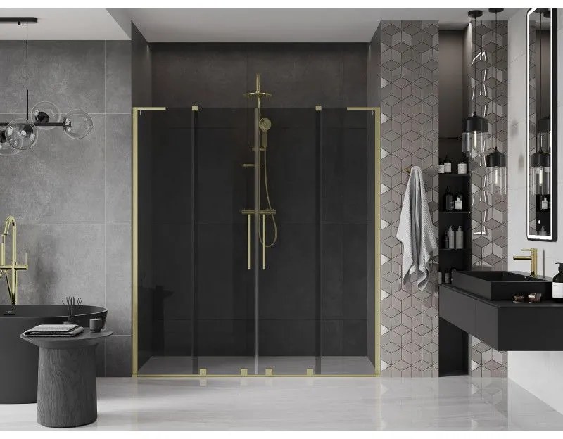 Mexen Velar L Duo, posuvné sprchové dveře do otvoru 170 cm, 8mm šedé sklo, zlatá matná, 871-170-003-42-55