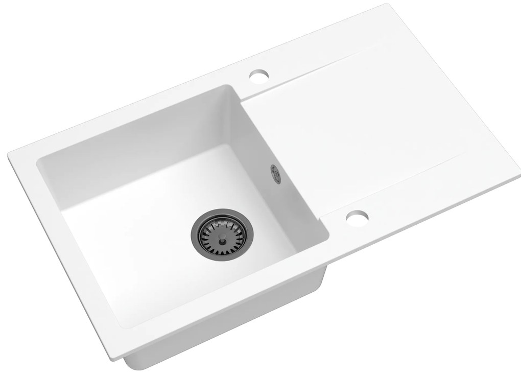 Sink Quality Ferrum, kuchyňský granitový dřez 770x450x190 mm + černý sifon, bílá, SKQ-FER.W.1KDO.XB