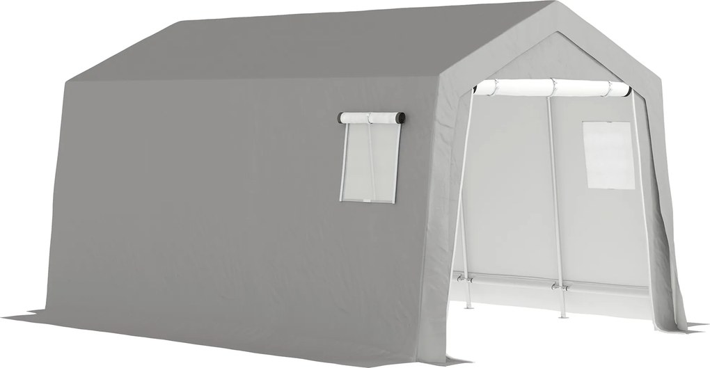 Outsunny Přístřešek na vybavení se šikmou střechou vodotěsný Stan na vybavení s dveřmi, okna 300x447x255 cm, světle šedý
