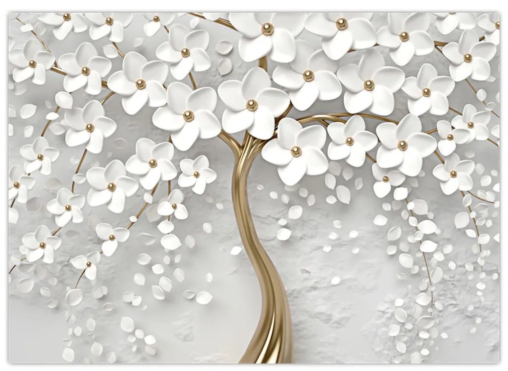 Obraz bílého stromu s květinami (70x50 cm)