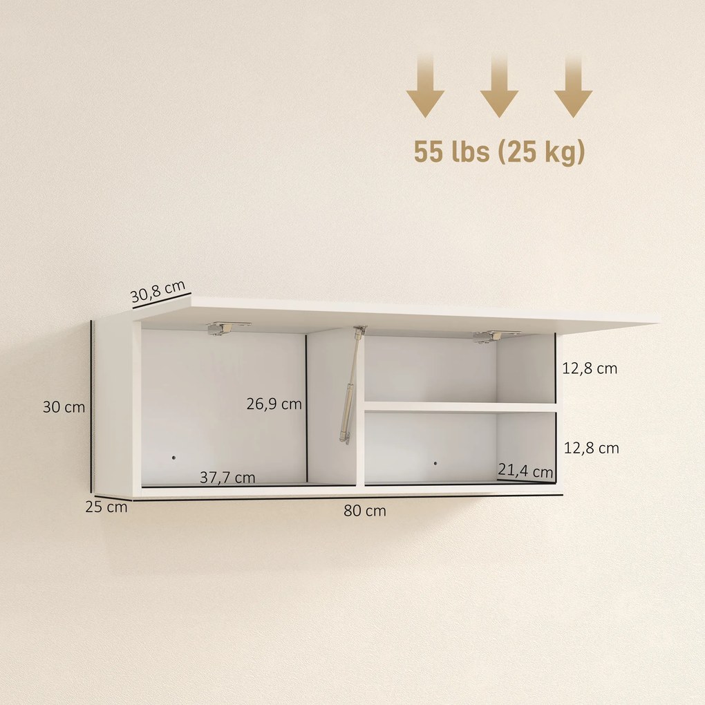 HOMCOM koupelnová skříňka, závěsná nástěnná skříňka s výklopnými dveřmi nahoru, plynová pružina, police 80 x 25 x 30 cm, bílá
