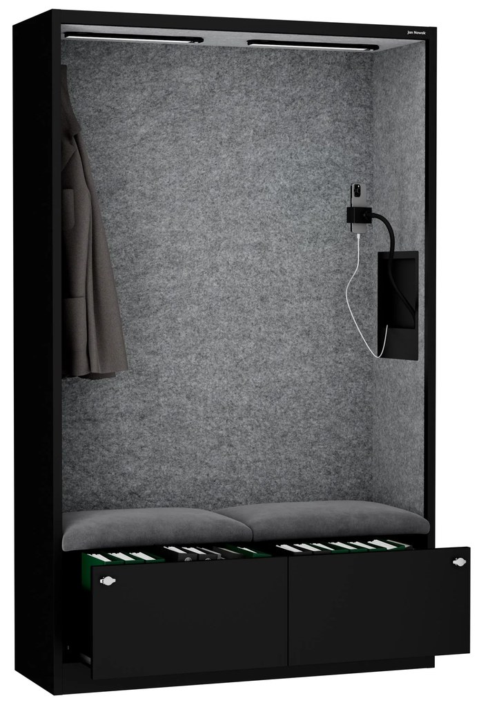 Kancelářská akustická kabina se sedátkem a USB-C portem, korpus černý / sedák šedá, 1150 mm: SALLY MentalBox