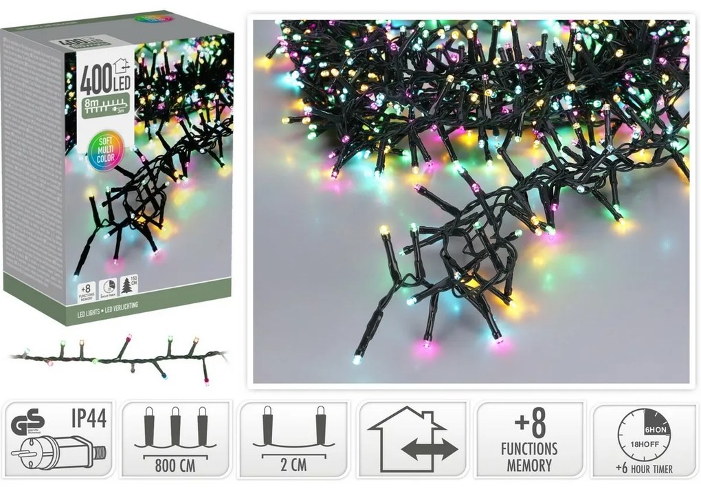 Venkovní světelný řetěz Macaron, 8 m, 400 LED, barvy (zelená, oranžová, modrá, růžová), časovač,IP44, 8 m