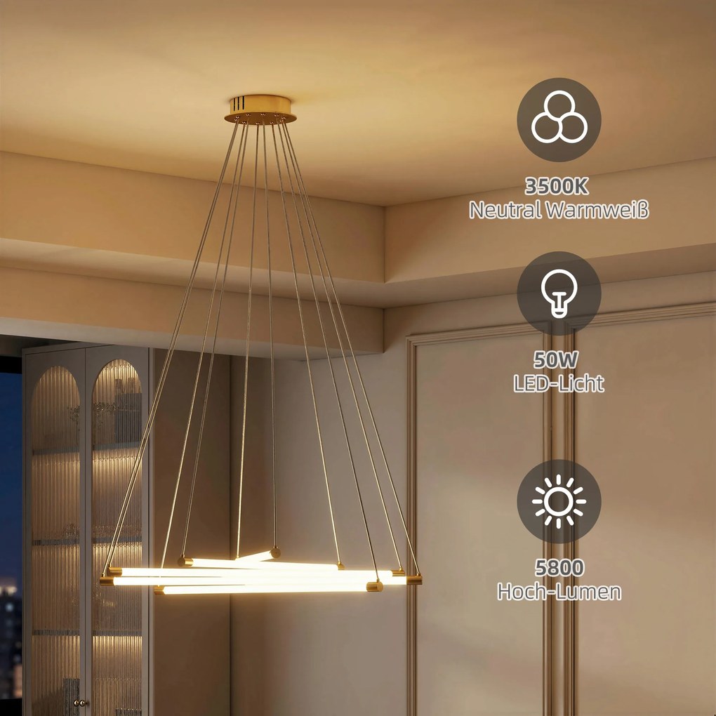 HOMCOM Stropní svítidlo LED, 50 W, 5 nastavitelných světelných trubic, přizpůsobitelné, stropní svítidlo do obývacího pokoje, jídelny, kuchyně, zlatá…