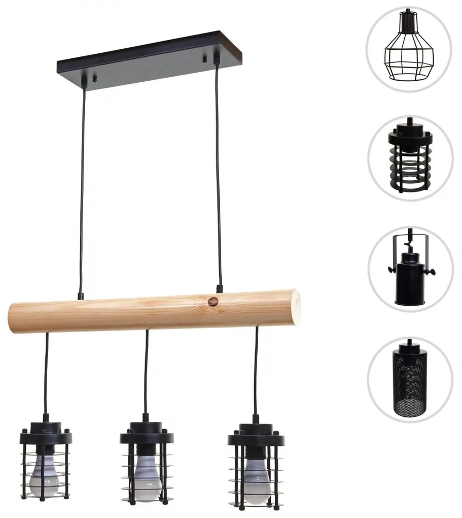 Závěsné svítidlo H82 industrial, klietka 3 74208 - kov / dřevo - Černá