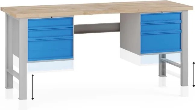 Výškově nastavitelný dílenský stůl G7, buková spárovka, 2000 x 685 x 840-1040 mm, 2x kontejner, 6 zásuvek, modrá