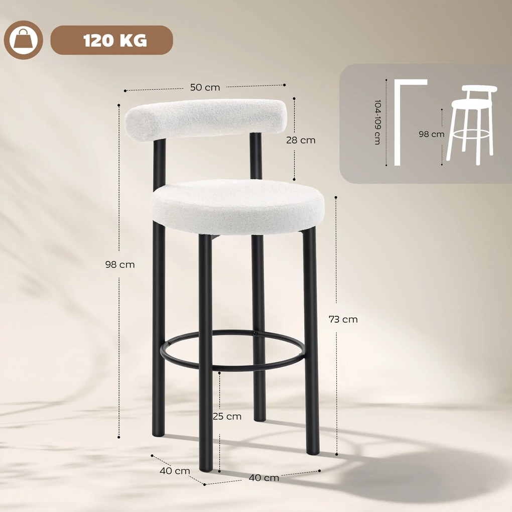 HOMCOM sada 2 bouclé barových židlí s zakřiveným opěradlem, opěrkou pro nohy a kovovými nožkami, 50,0 × 52,6 × 98,0 cm, krémová