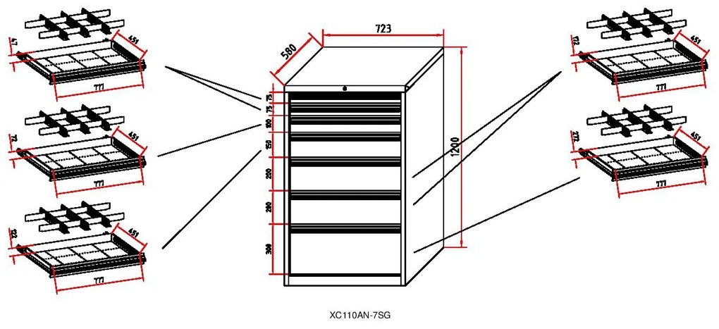 Dílenská zásuvková skříň na nářadí WL/BL, 7 zásuvek, 723 x 580 x 1200 mm
