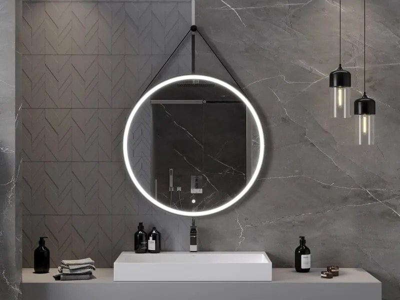 Mexen Reni kulaté zrcadlo do koupelny s podsvícením, 90 cm, LED 6000K, proti zamlžování, černý rám